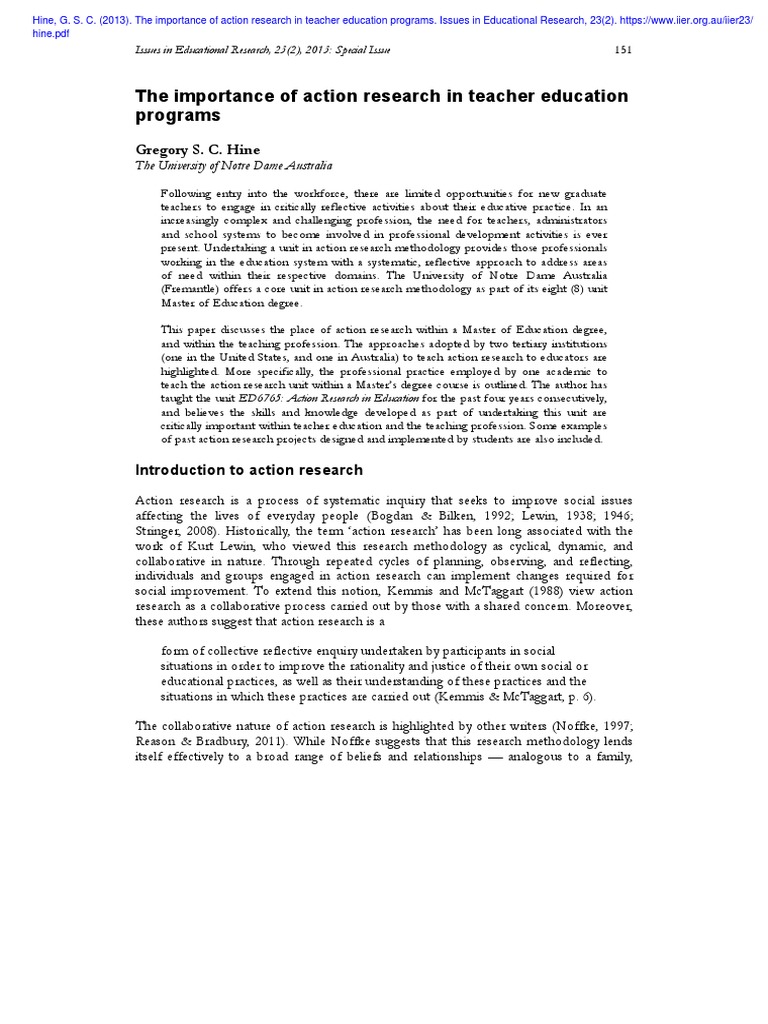 Hine The Importance of Action Research in Teacher Education Programs ...