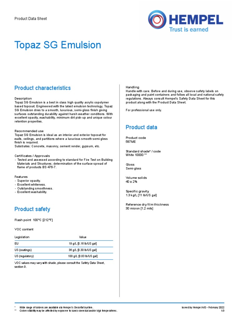 Topaz SG Emulsion: Product Characteristics | PDF | Paint | Specification (Technical Standard)