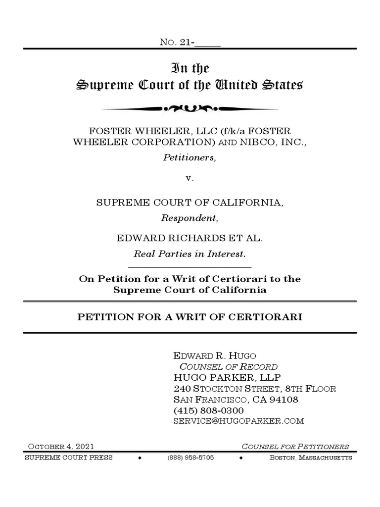 Foster Wheeler (Ed Hugo) Petition For Cert Re California Limits On Deps by Defendants | PDF
