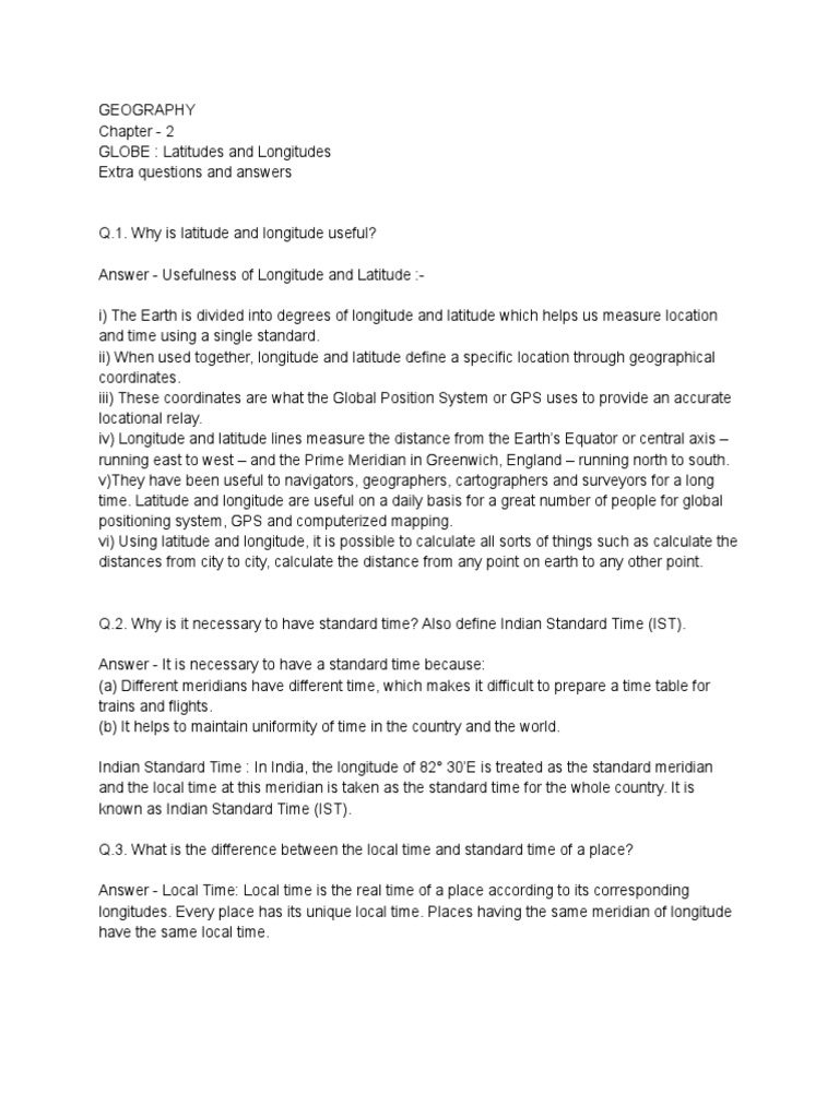 Geography Chapter 2 Extra Questions | PDF | Longitude | Latitude