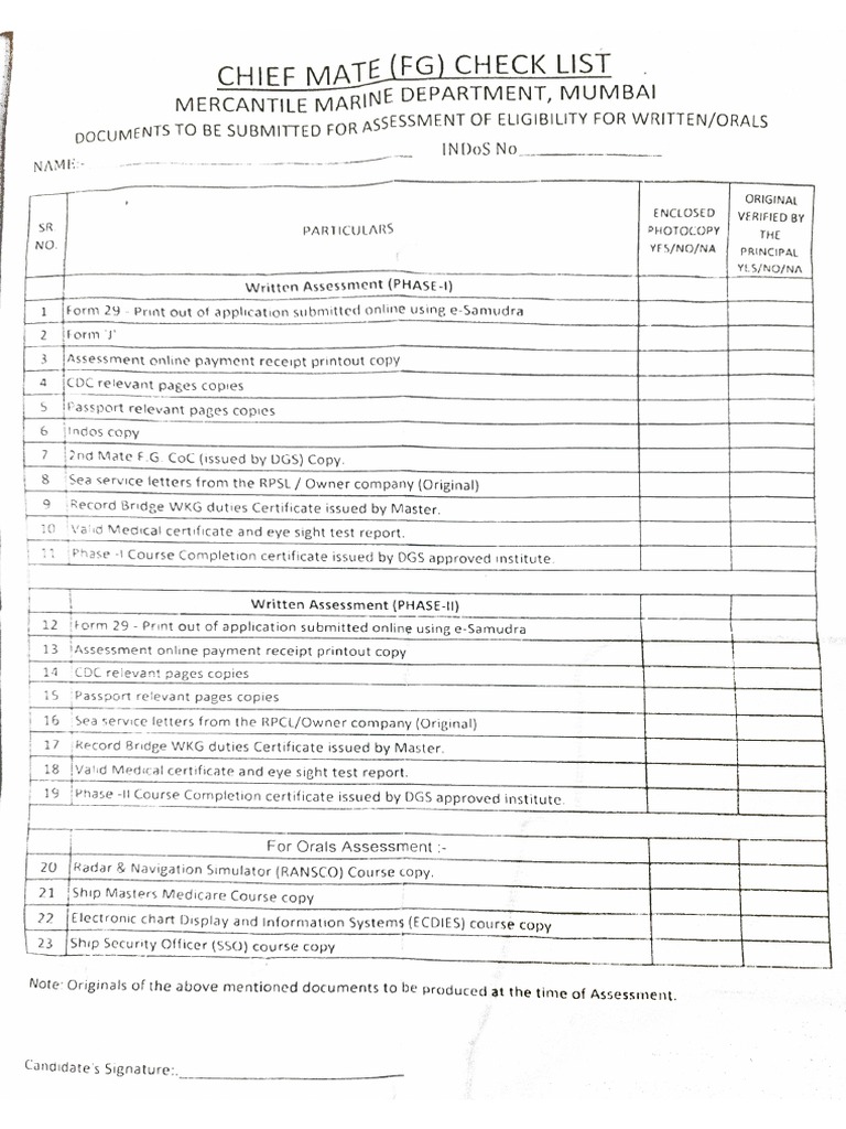 Chief Mate MMD Assesment - Checklist | PDF