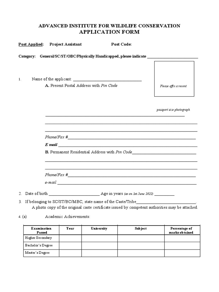 AIWC Recruitment of Project Assistant Application Form - 2 | PDF ...