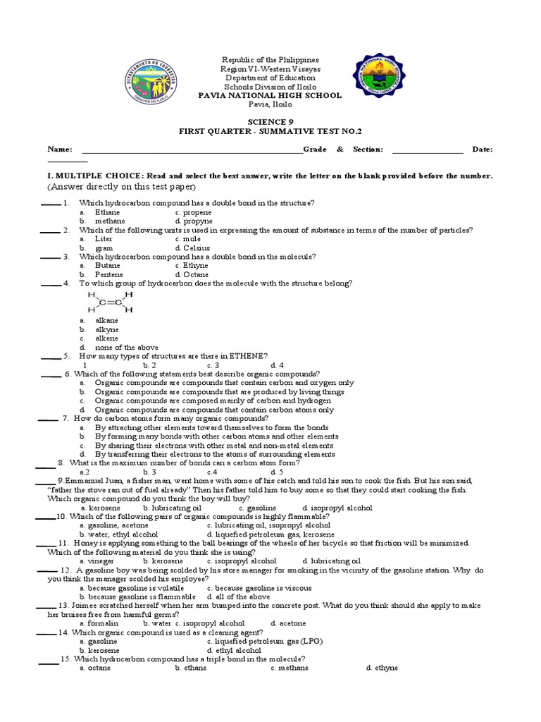 Science 9 Summative Test 1 | PDF | Chemical Compounds | Gasoline