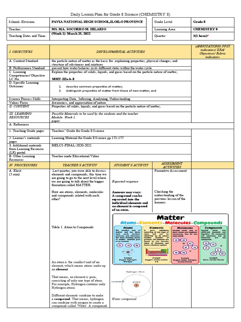 Daily Lesson Plan For Grade 8 Science (CHEMISTRY 8) | PDF | Matter ...
