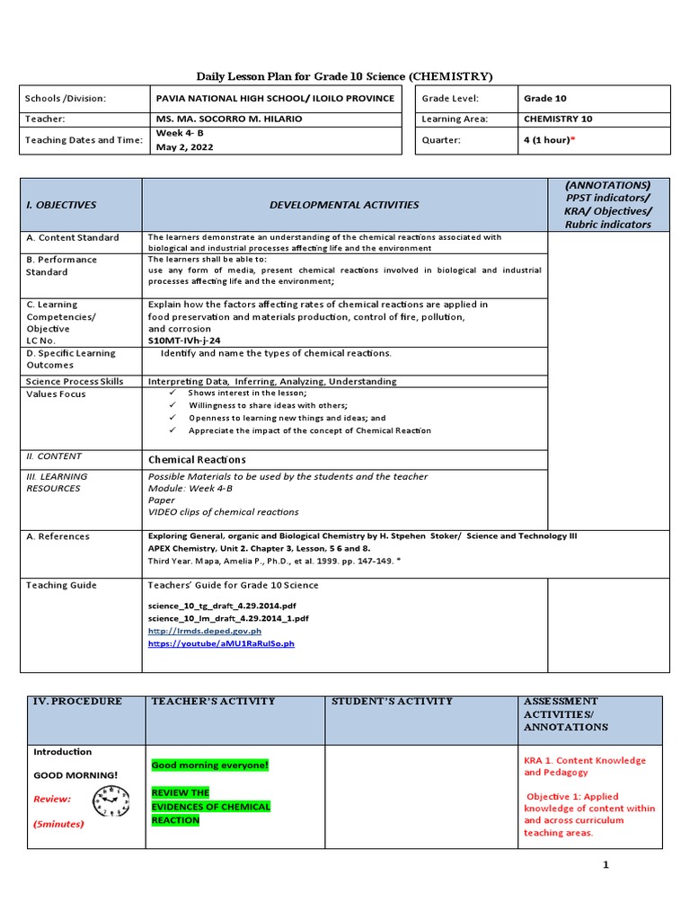 Daily Lesson Plan For Grade 10 Science (CHEMISTRY) | PDF | Combustion | Ion