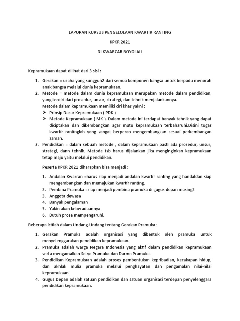 Laporan Kursus Pengelolaan Kwartir Ranting | PDF