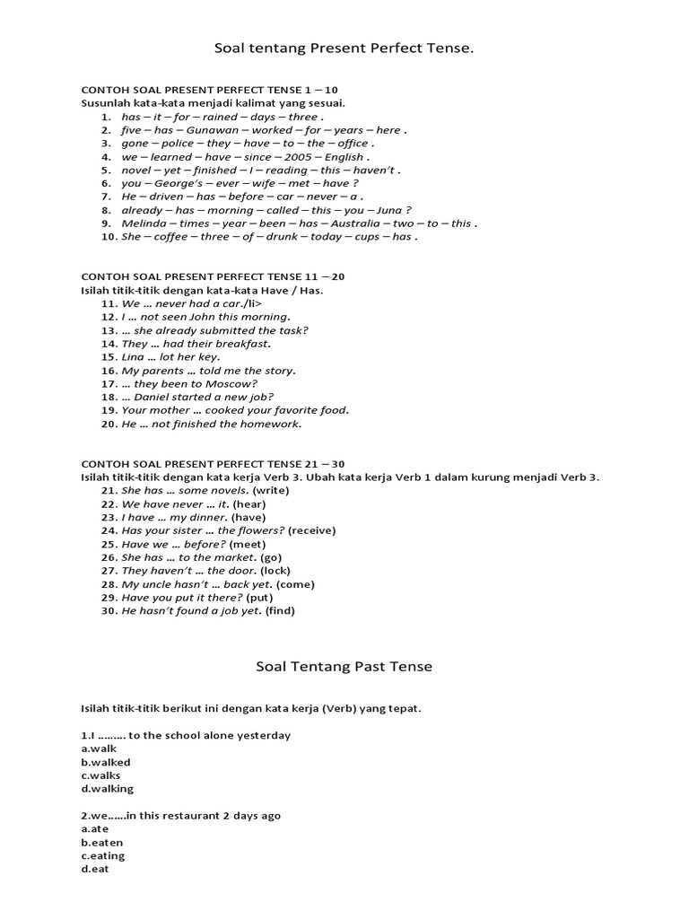 Soal Present Perfect Dan Past Tense | PDF | Language Mechanics | Grammar
