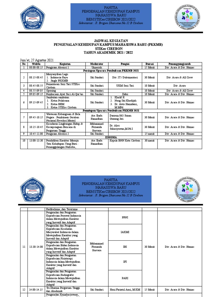 JADWAL KEG. PKKMB 21' Revisi Yg Keberapa Aduh GTW Aku | PDF