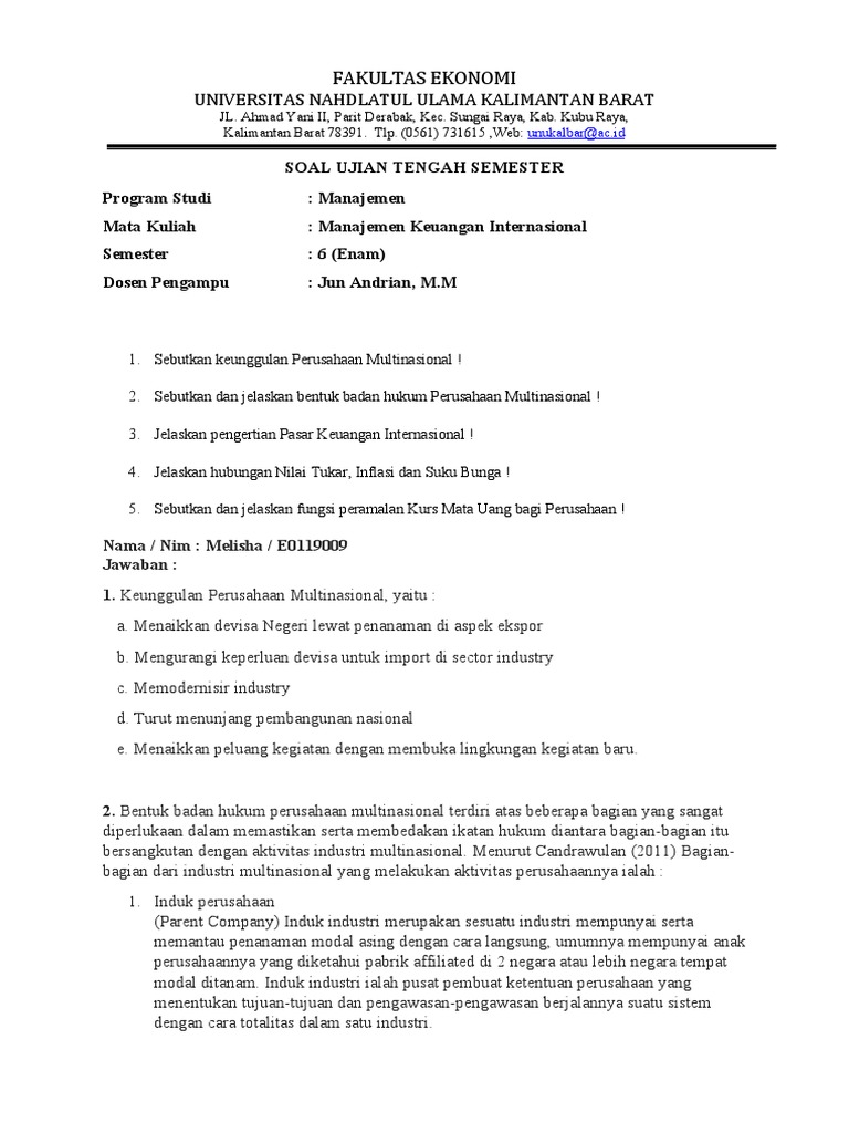 Melisha - E0119009 - UTS Manajemen Keuangan Internasional | PDF