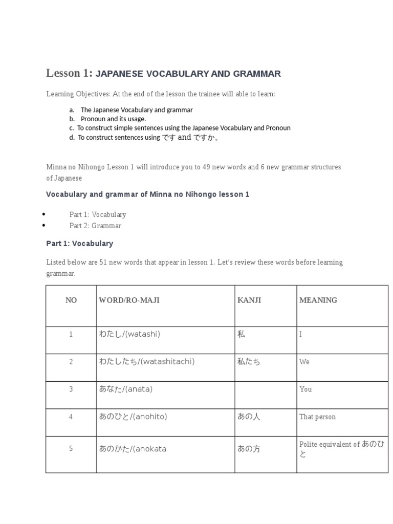 Lesson 1 Minna No Nihongo With Exercises | PDF