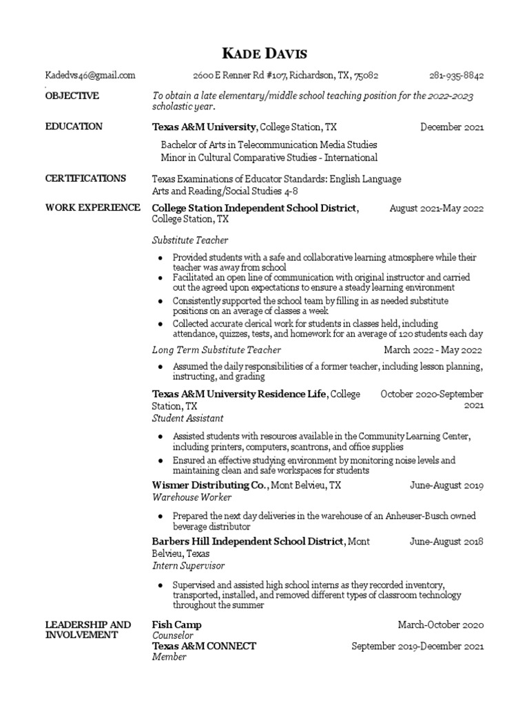 kade davis resume 3 1 | PDF | Teachers | Schools