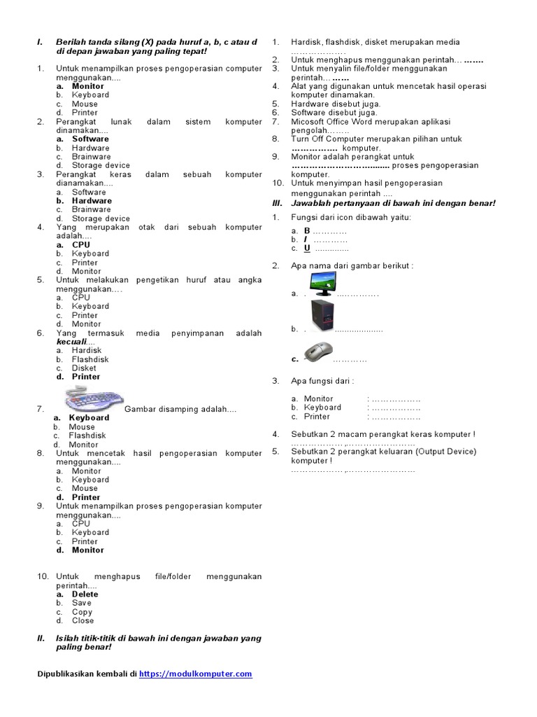 Soal UTS TIK Komputer Kelas 4 SD Semester 1 Modulkomputerdotcom | PDF