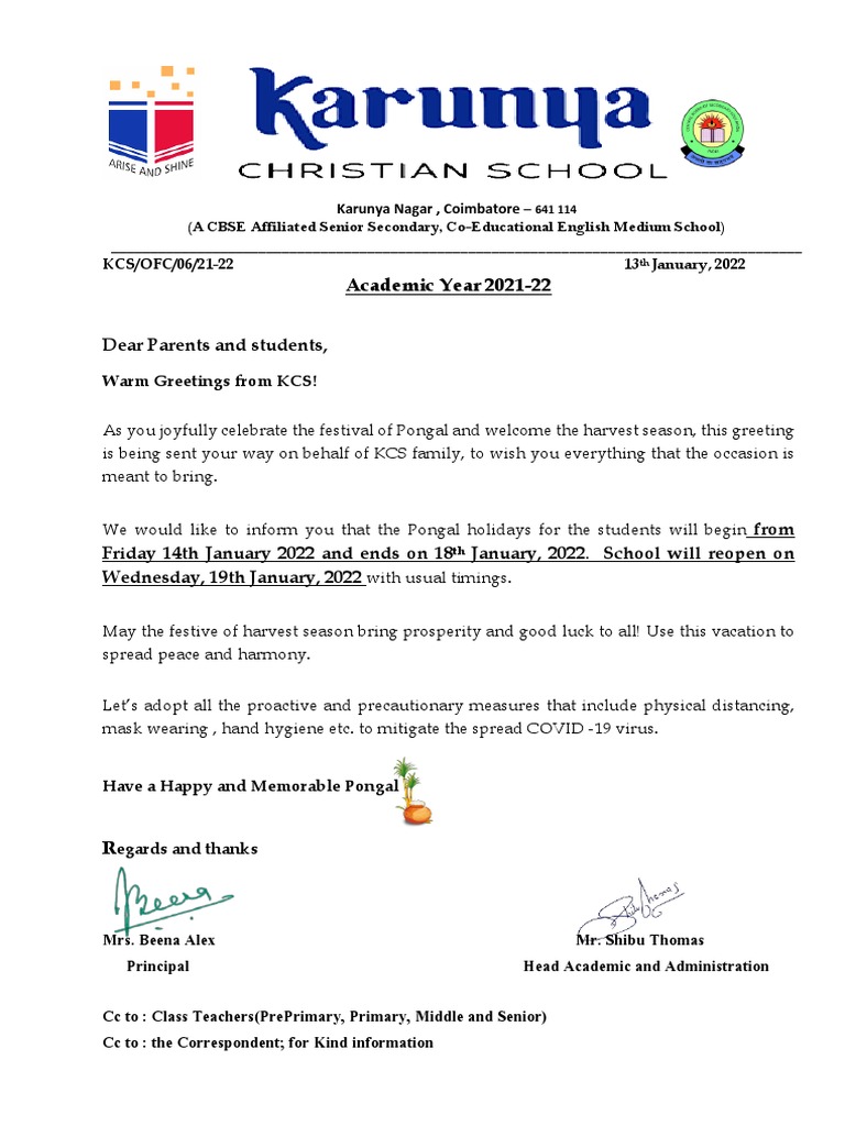 Pongal Holiday Circular-2 | PDF