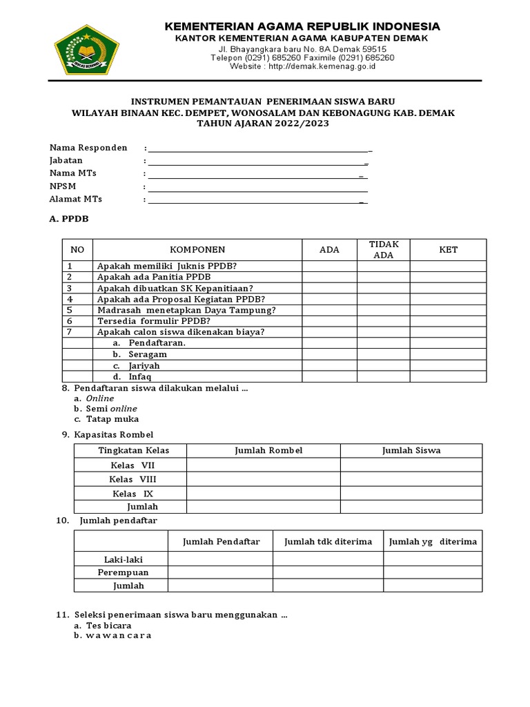 Instrumen Monev PPDB 2022-2023 - MTS | PDF