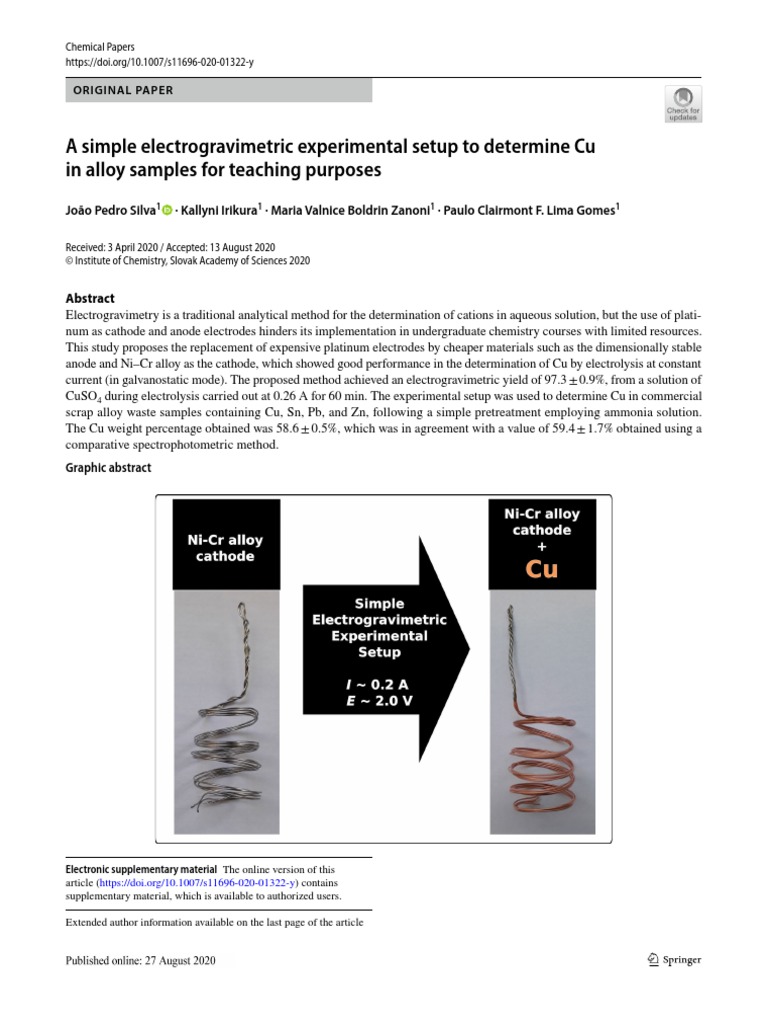 A Simple Electrogravimetric Experimental Setup To Determine Cu in Alloy ...