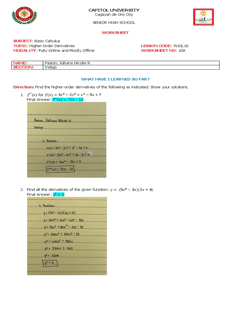 Higher-Order Derivatives Worksheet | PDF