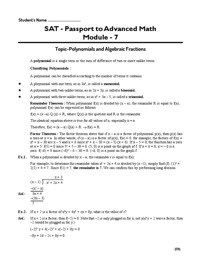SAT - Passport To Advanced Math Module - 7: Topic-Polynomials and ...