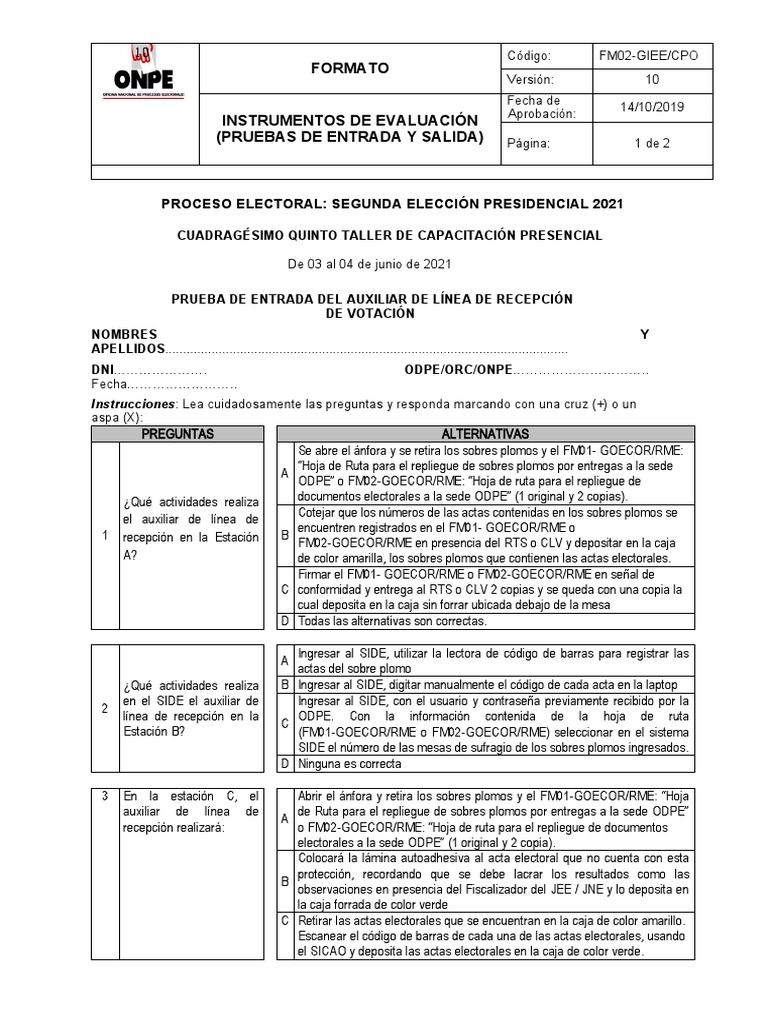 FM02 Instrumento de Evaluación de La Prueba de Entrada ALR PRESENCIAL | PDF | Informática