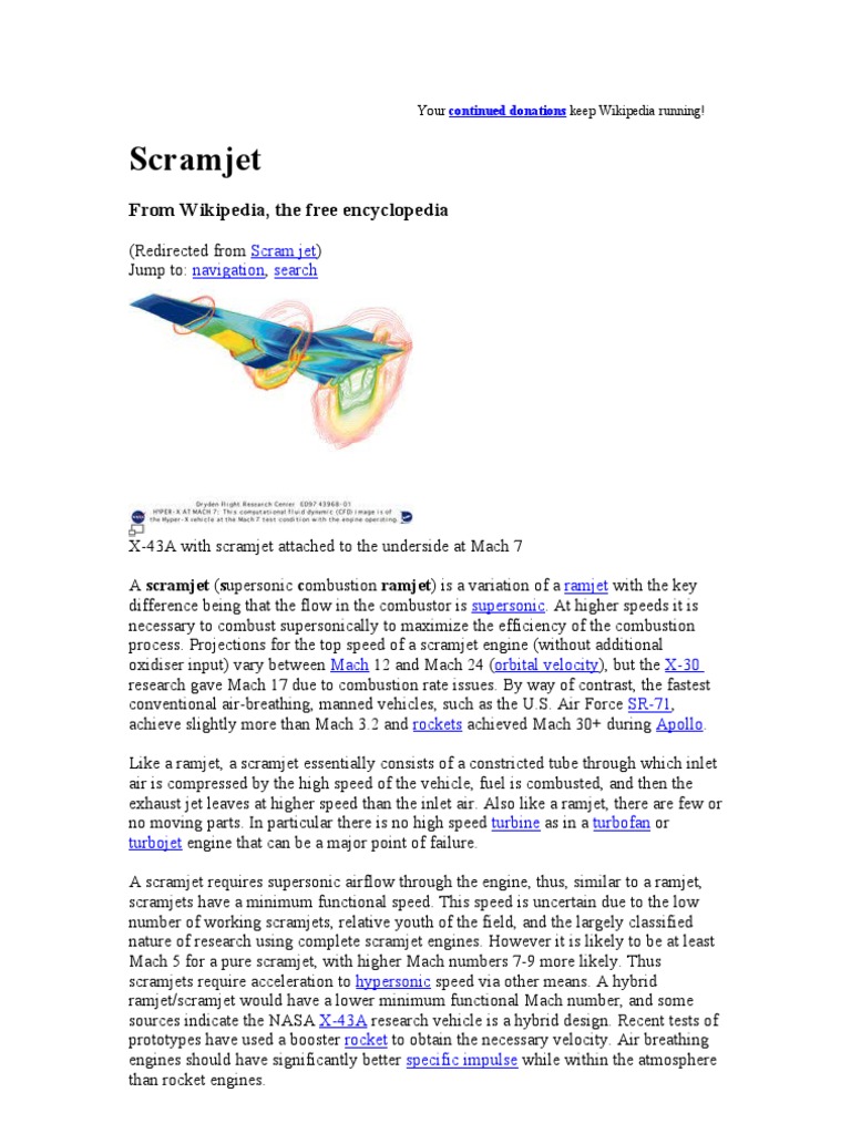Scramjet: From Wikipedia, The Free Encyclopedia | PDF | Rocket | Jet Engine