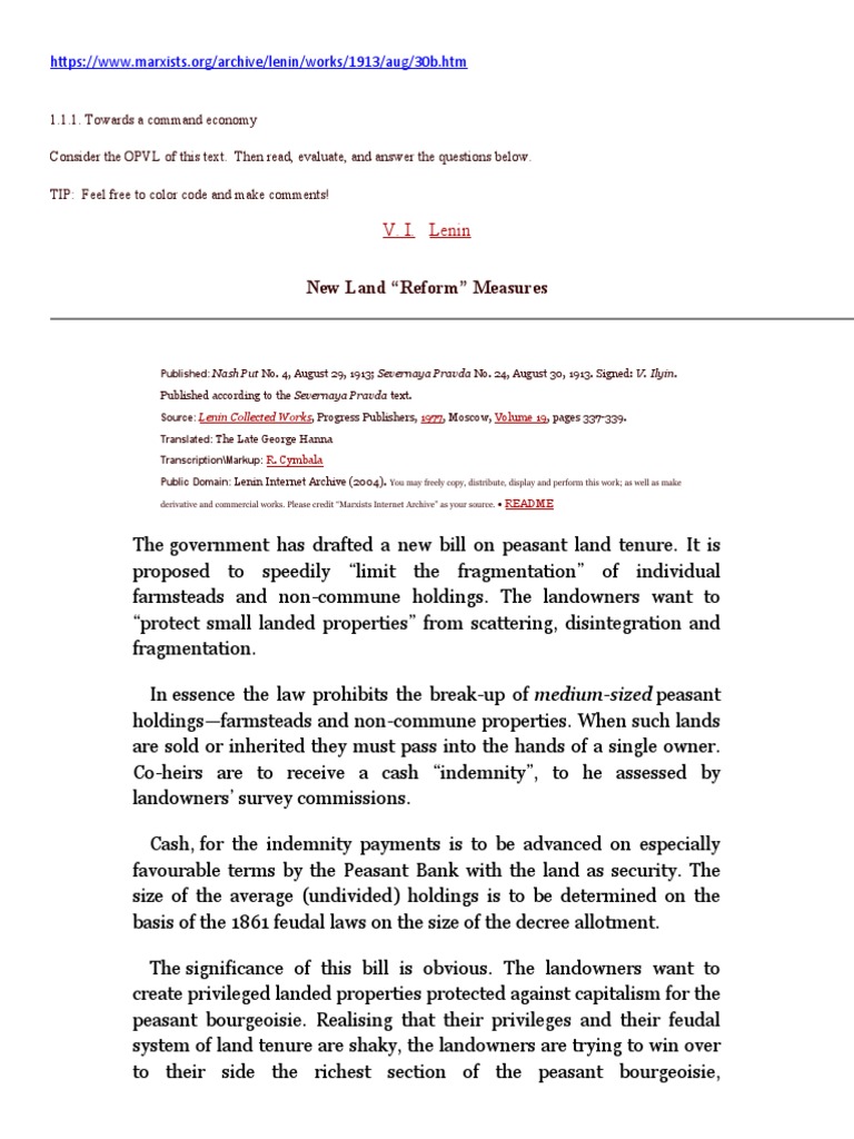 Lenin's 1913 Land Reform Analysis | PDF | Bourgeoisie | Russian Empire