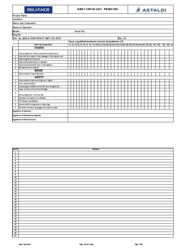 Daily Checklist for Piling Rig Safety Inspection | PDF