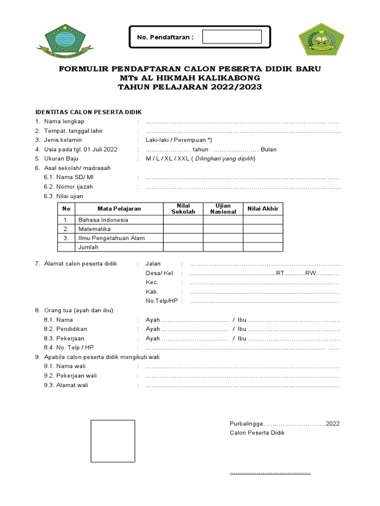 Formulir Pendaftaran MTs 2022 | PDF