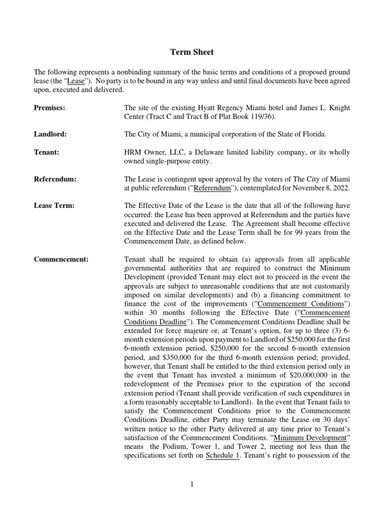 Term Sheet: Premises: The Site of The Existing Hyatt Regency Miami ...