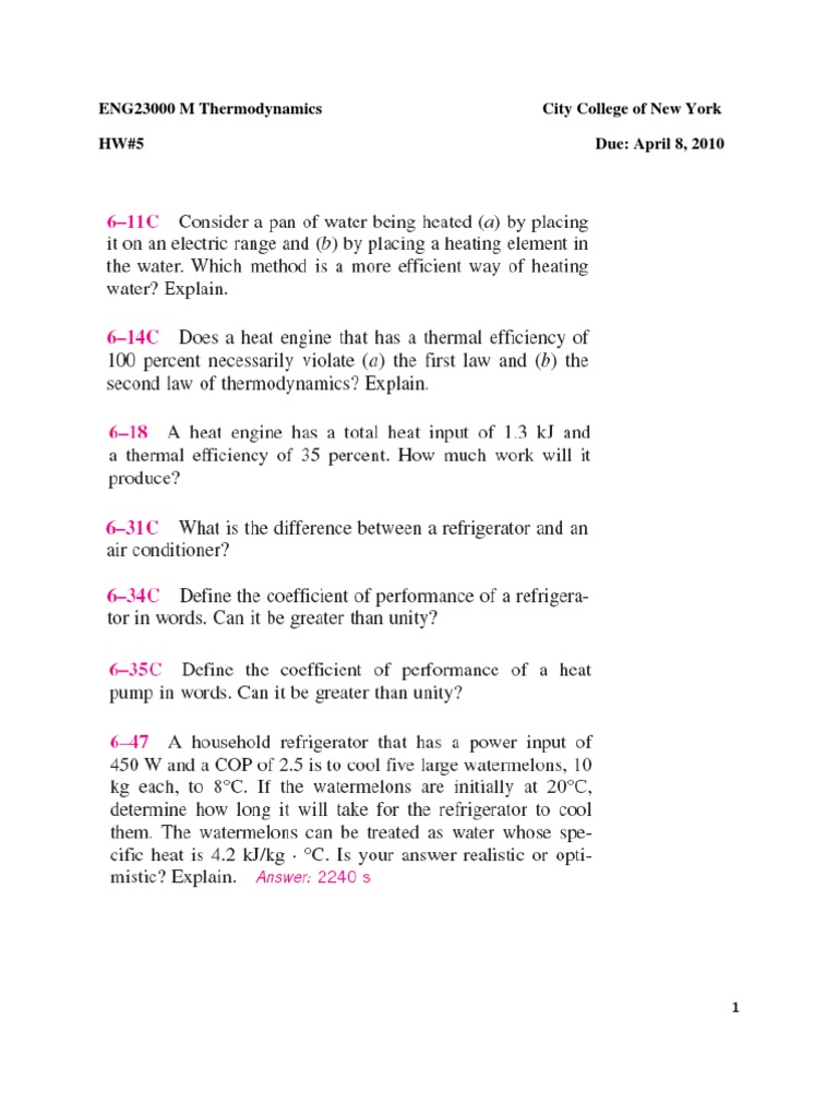 ENG23000 Thermodynamics Homework 5 | PDF