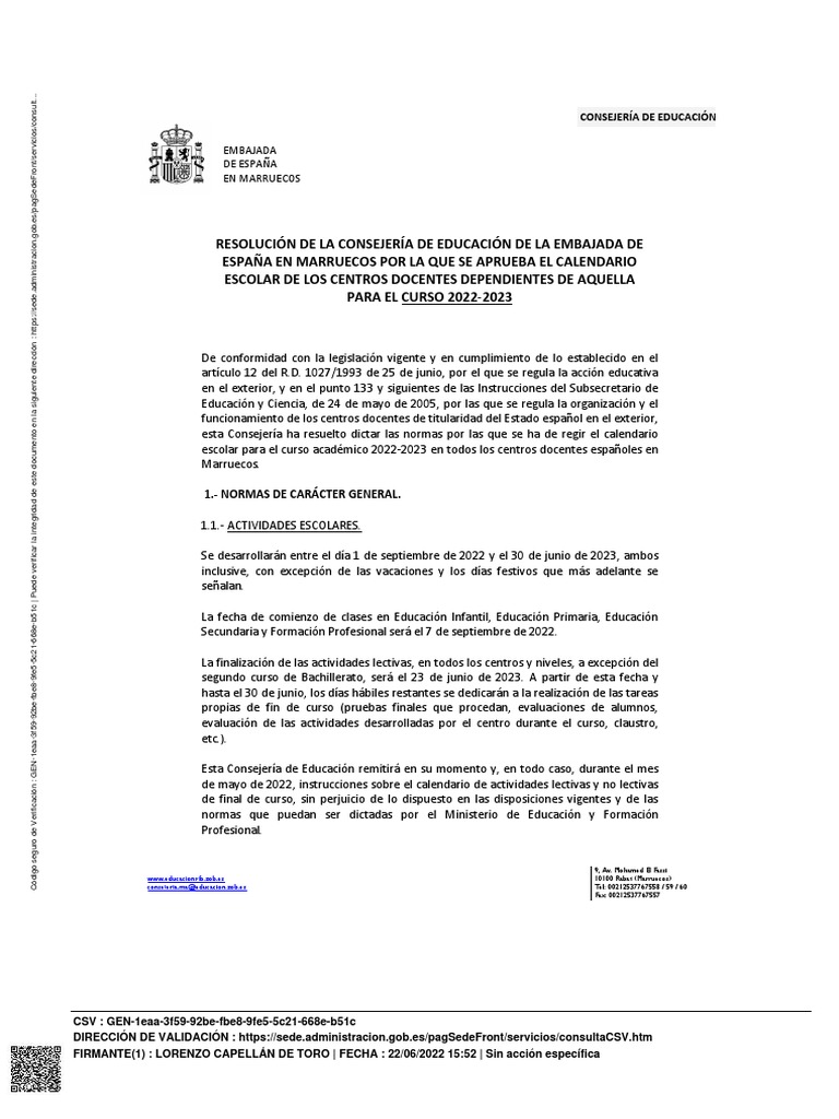 CALENDARIO ESCOLAR 2022 - 2023 y ANEXO | PDF