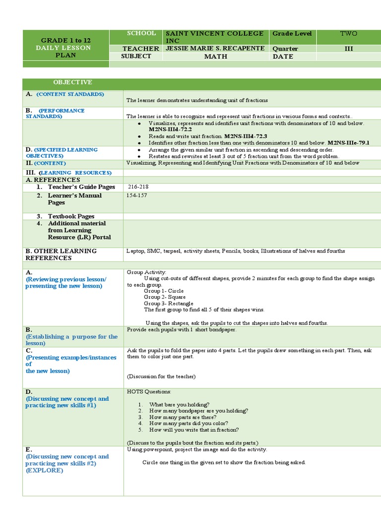 Daily Lesson: GRADE 1 To 12 Plan Saint Vincent College INC Grade Level ...