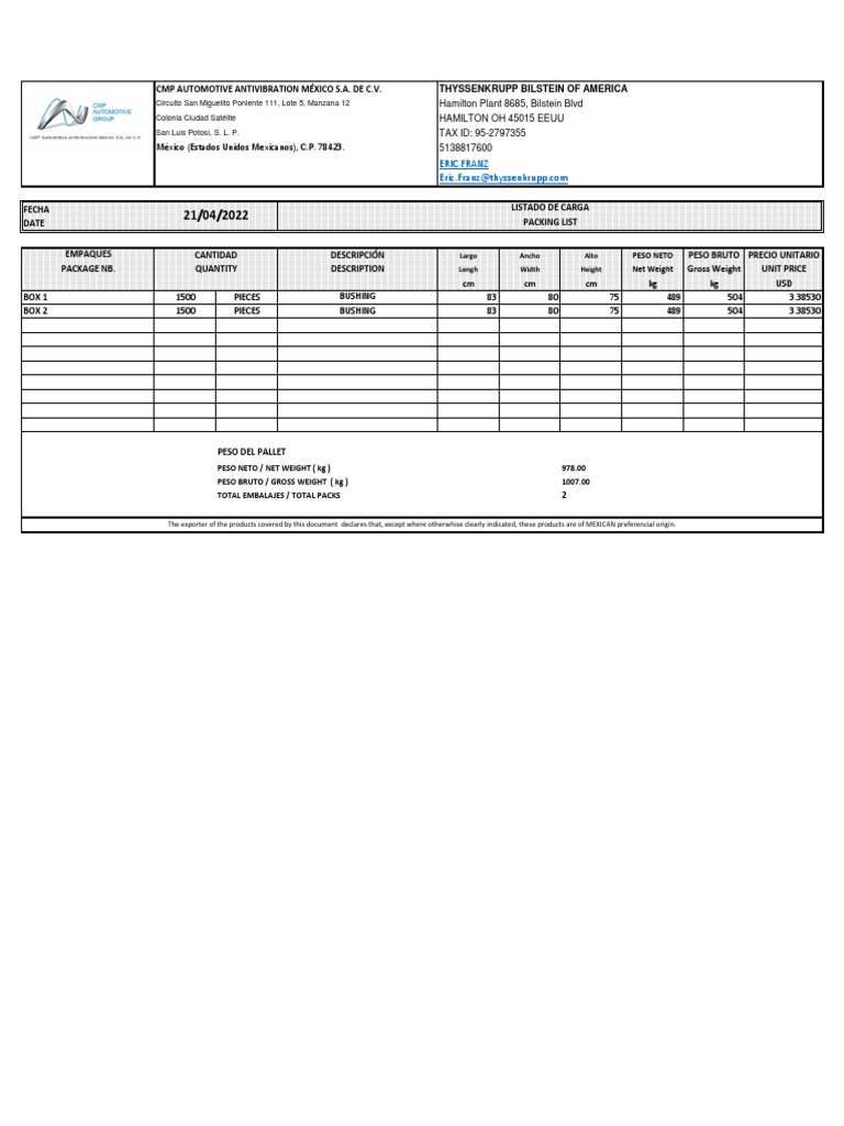 Packing List 74003655 | PDF