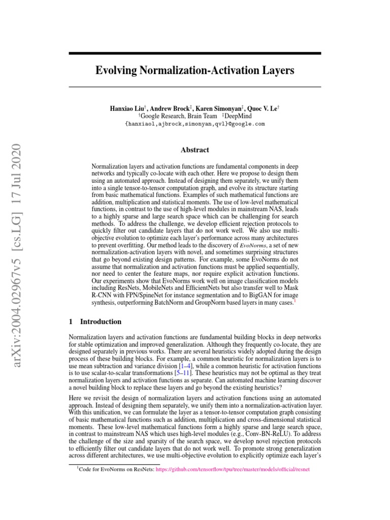 Evolving Normalization Activation Layers | PDF | Tensor | Deep Learning