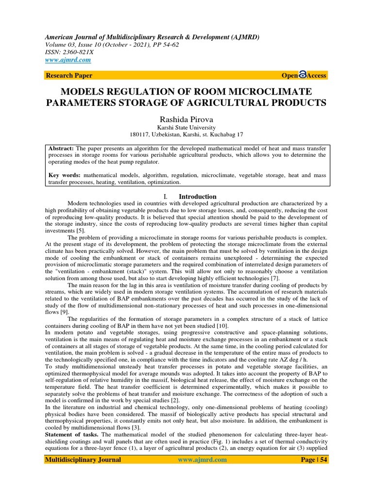 Models Regulation of Room Microclimate Parameters Storage of ...