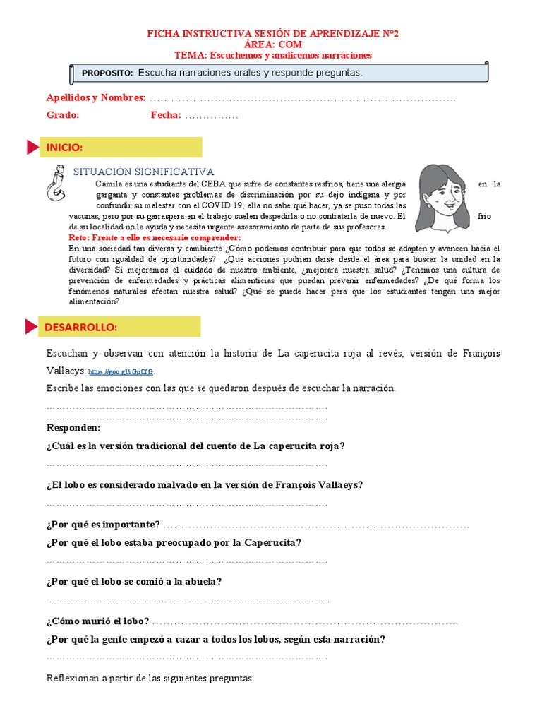 Ficha Instructiva Sesión de Aprendizaje N20-06 | PDF | Narración
