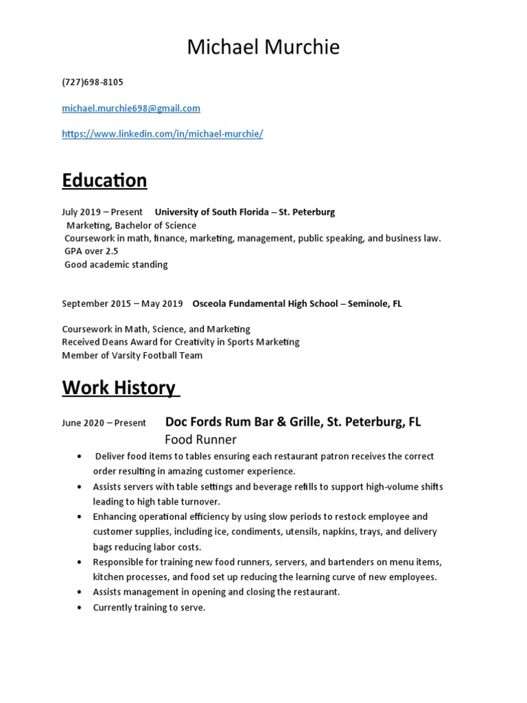 Michael Murchie Resume Final Draft Revised Geb 3033 | PDF | Restaurants ...