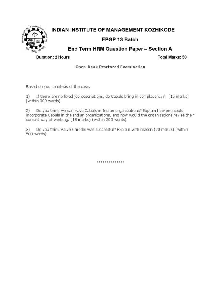 HRM - Question Paper-Sec A | PDF