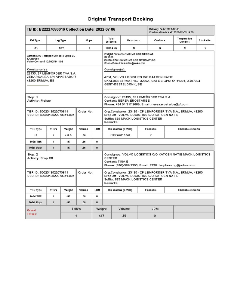 Transport Booking B22227086016 Details | PDF | Logistics | Service ...