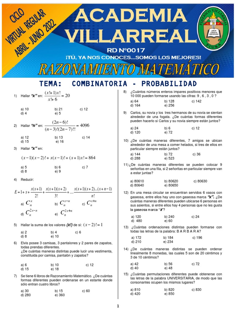 01) Combinatoria - Probabilidad | PDF | Probabilidad | Probabilidades y ...