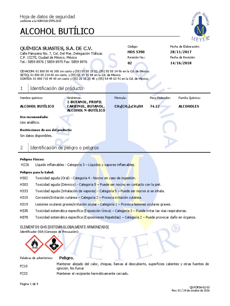 Hoja de Seguridad del 1-Butanol | PDF | Residuos | Agua