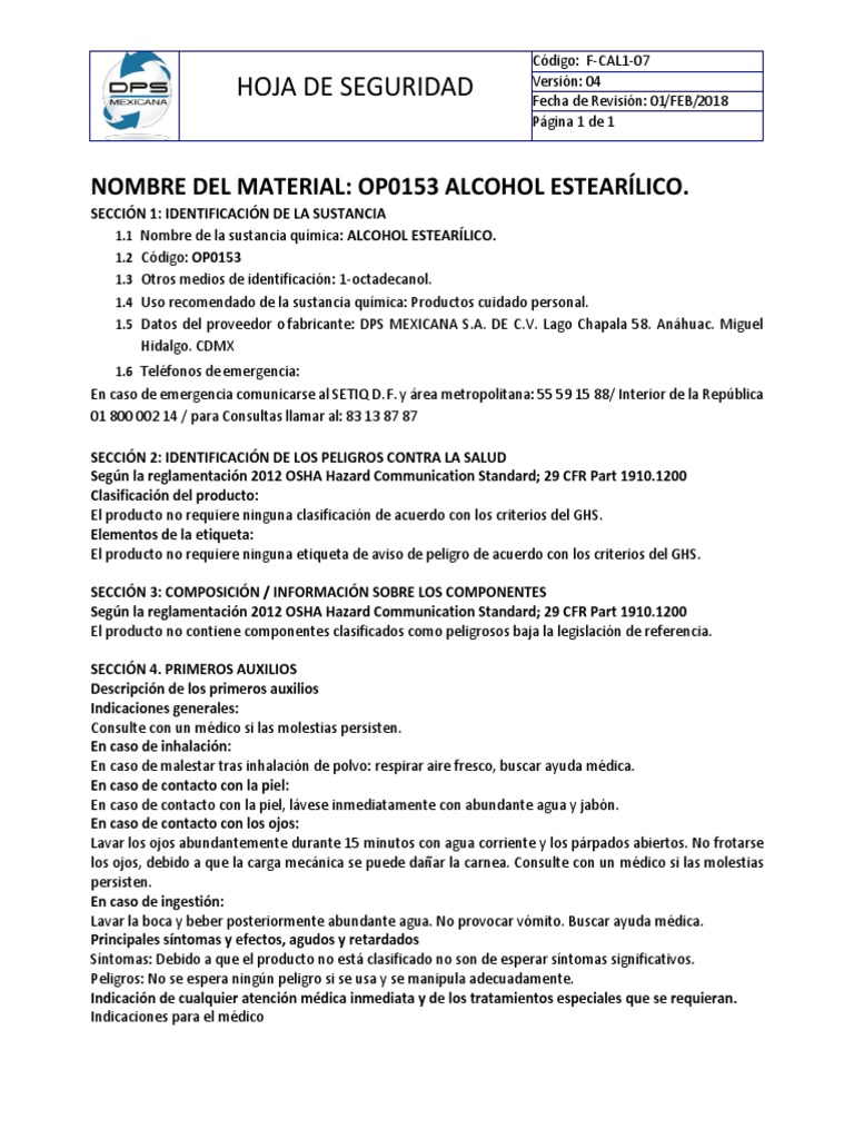 Alcohol Estearilico | PDF | Toxicidad | Agua
