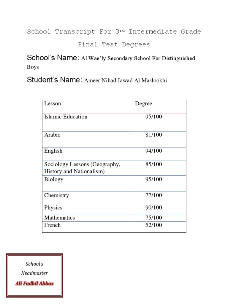 School Transcript For Last 3rd Intermediate Grade | PDF