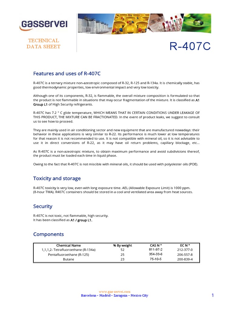 Technical Data Sheet R 407c Gas Servei | PDF | Boiling | Vapor