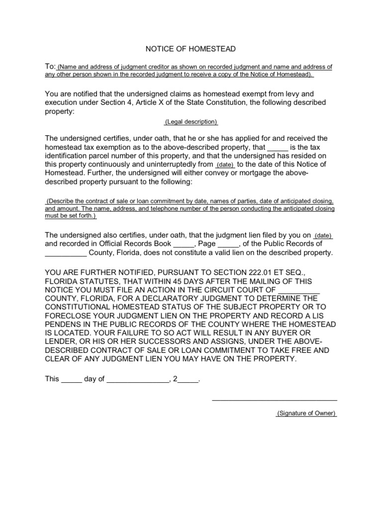 Florida Notice of Homestead | PDF