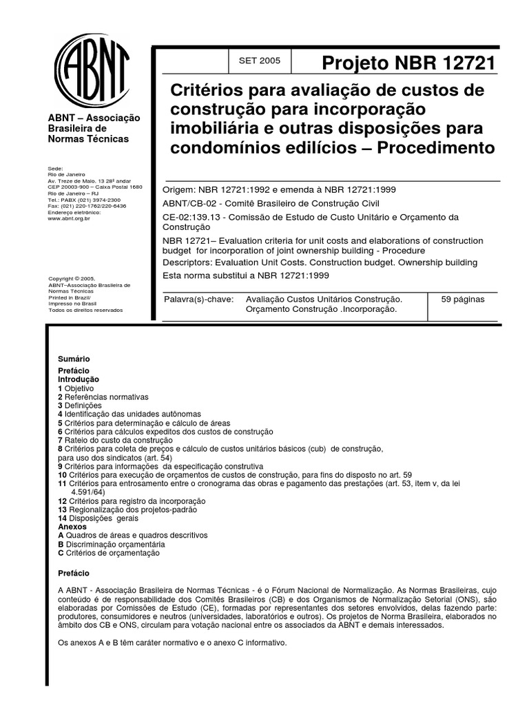 Projeto NBR 12721 | PDF | Condomínio | Construção