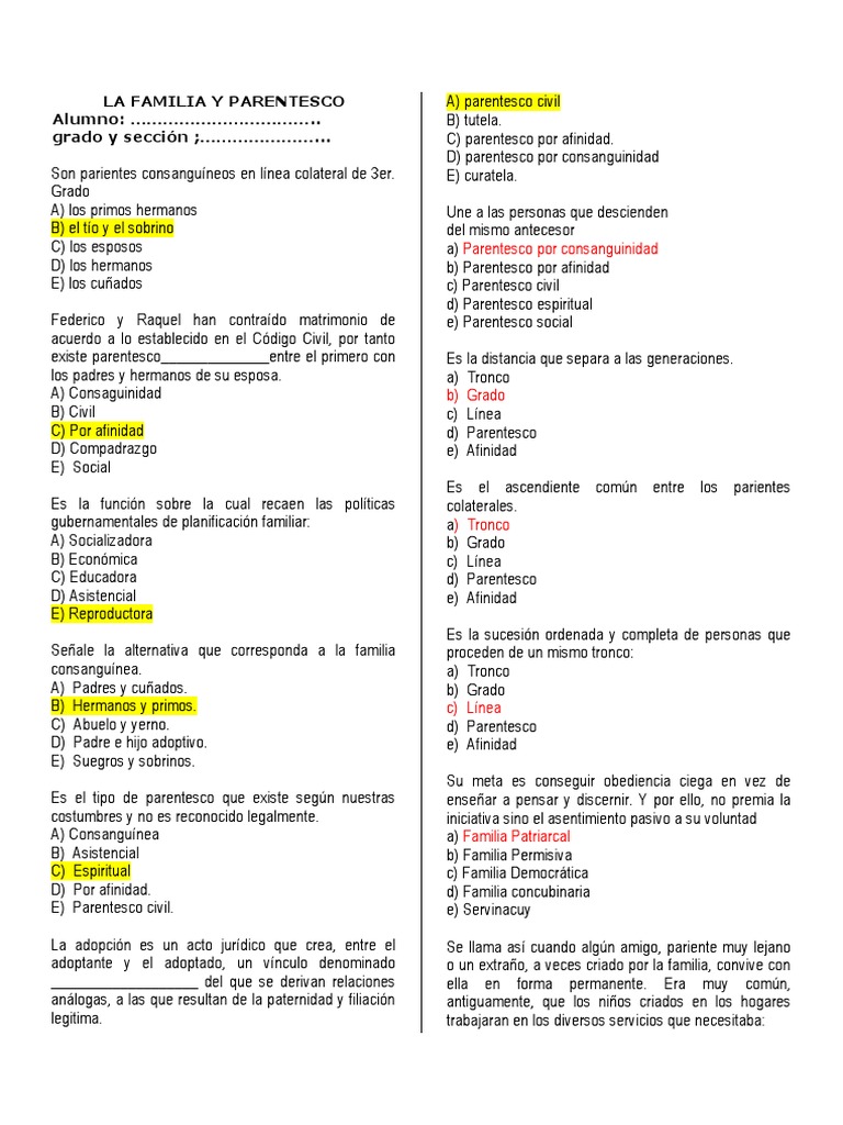 FAMILIA CON RESPUESTAS Examen | PDF | Parentesco | Familia