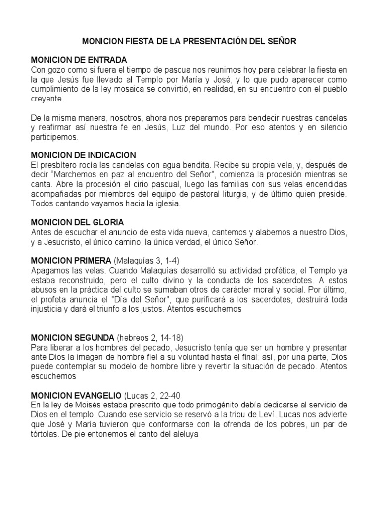 Monicion Fiesta de La Presentación Del Señor | PDF | Misa (liturgia ...