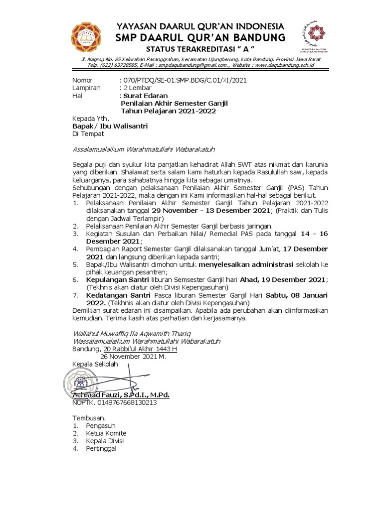 Surat Edaran Penilaian Akhir Semester Ganjil Tahun Pelajaran 2021-2022 | PDF