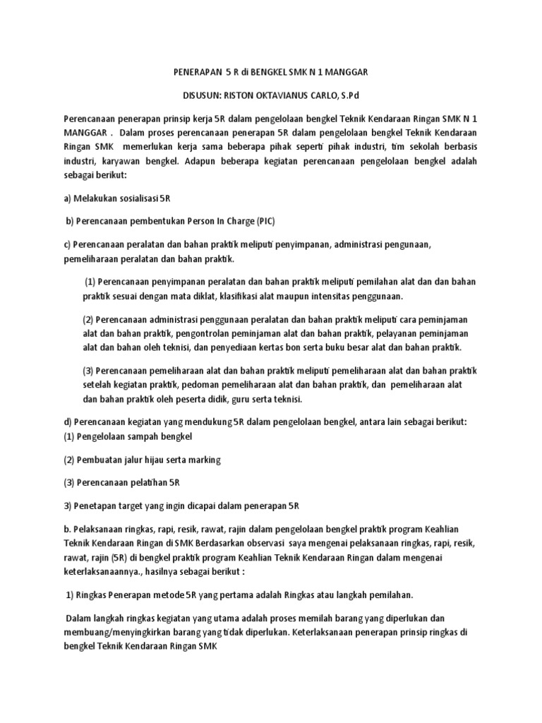 Penerapan 5 R Di Bengkel SMK N 1 Manggar by Riston O. Carlo, S.PD | PDF ...