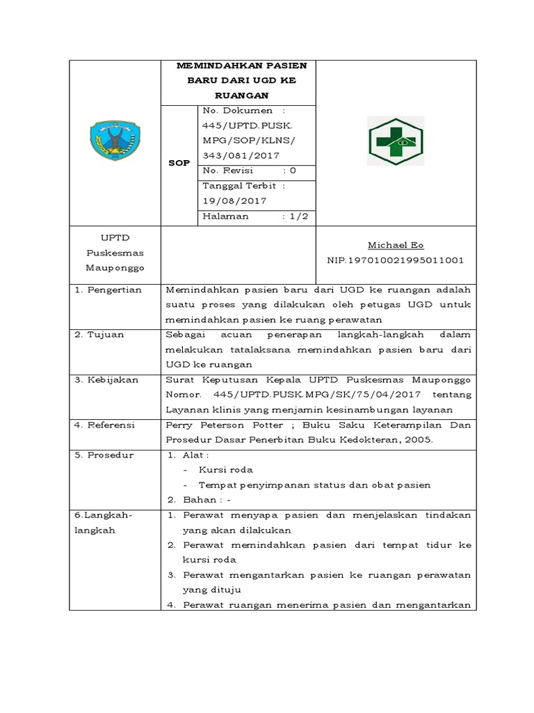 SOP Memindahkan Pasien Baru Dari UGD Ke Ruangan | PDF