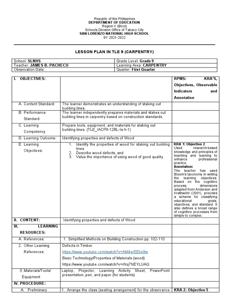 Grade 9 Carpentry Lesson Plan: Wood Properties | PDF | Learning | Teachers